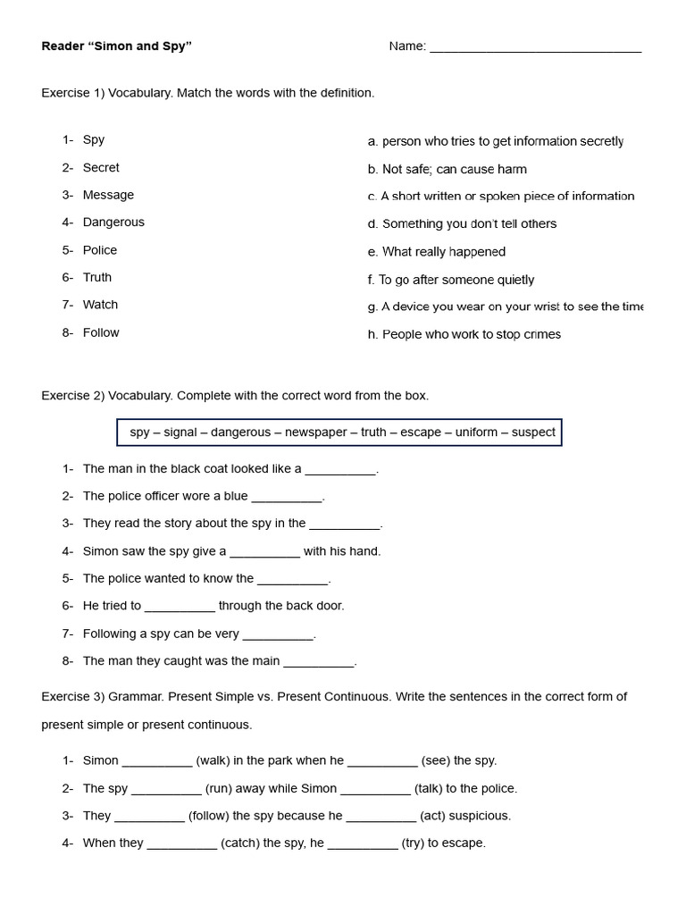 Vocabulary and Grammar Exercises: Spy Theme | PDF