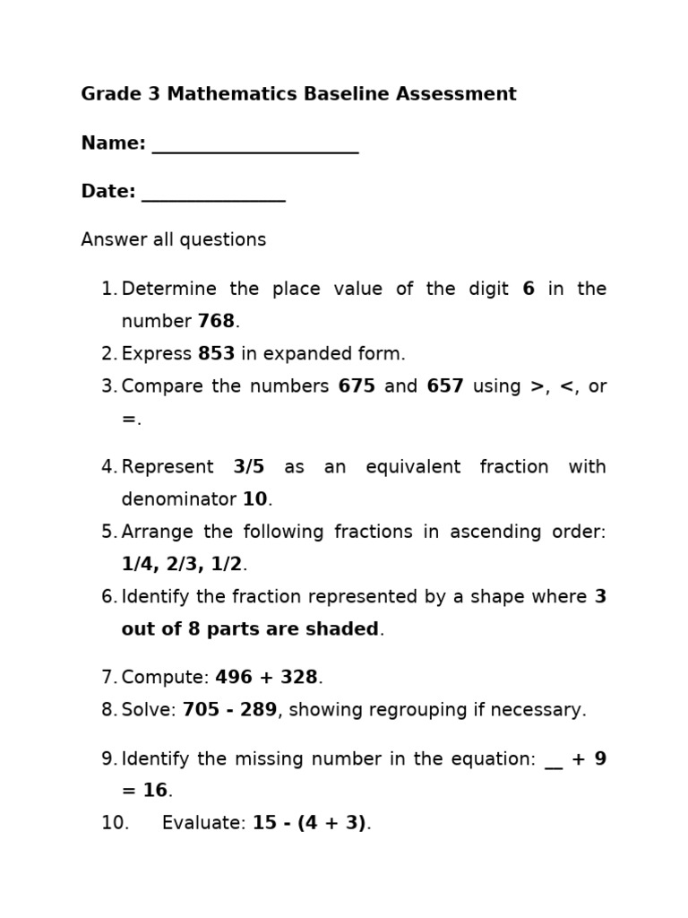 Grade 3 Mathematics Baseline Assessment | PDF