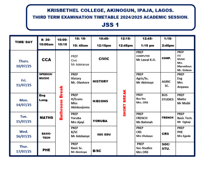 JSS 1 Third Term Exam Timetable 2024 | PDF