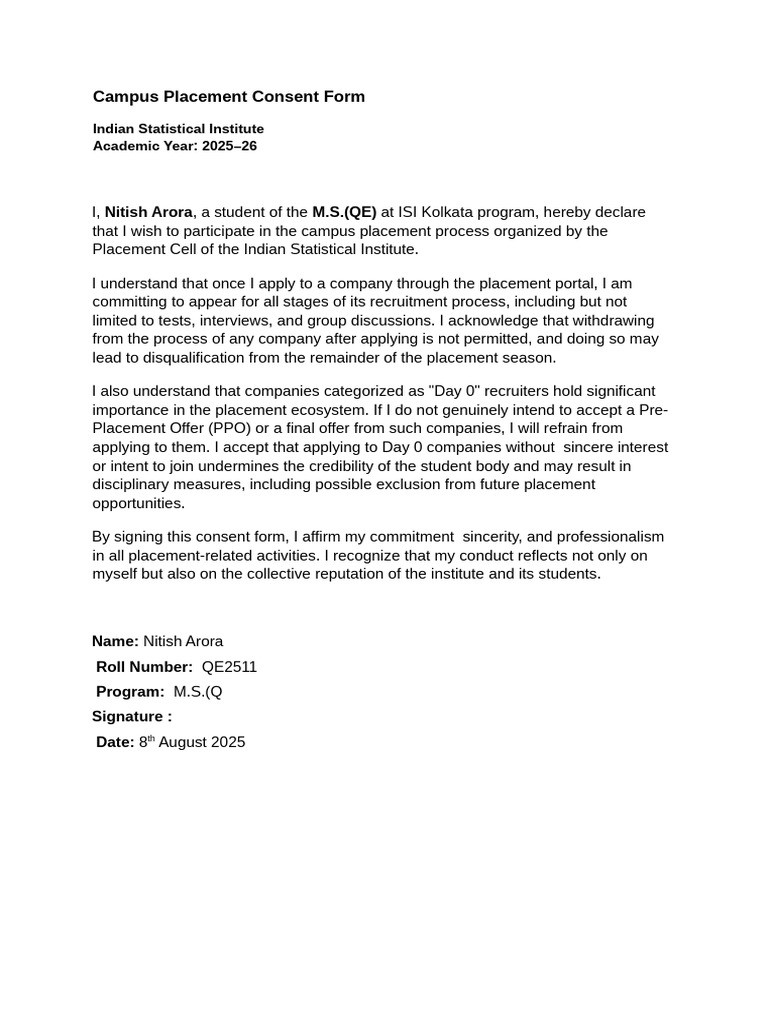 Campus Placement Consent Form | PDF