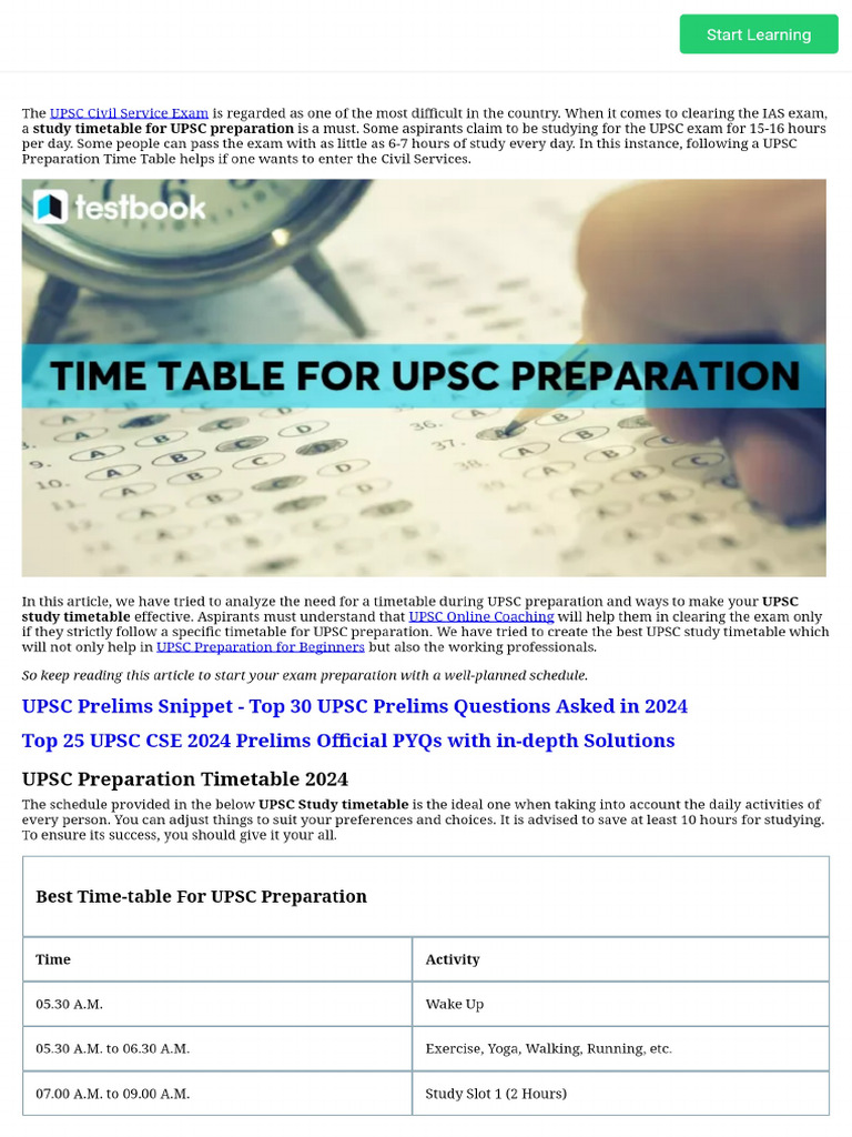 Time Table For UPSC Preparation - Get Detailed Study Plan For UPSC | PDF