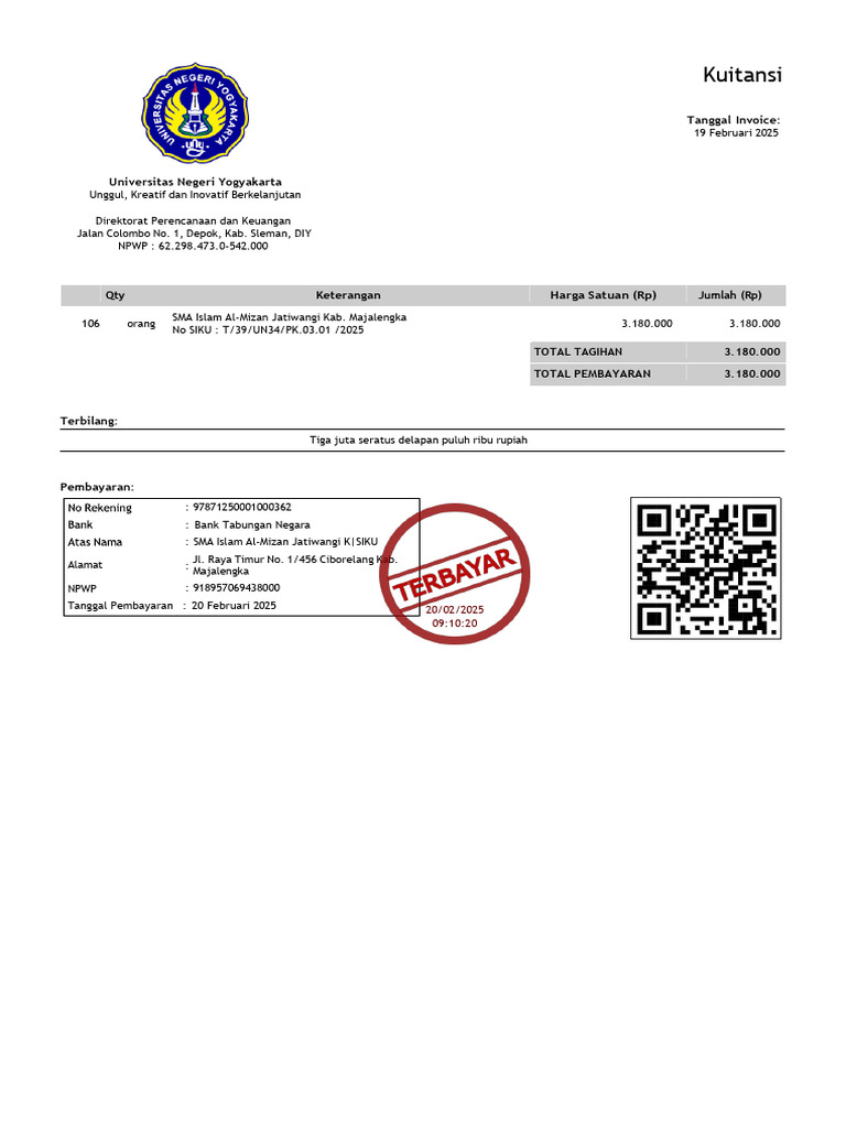Receipt - Invoice Pembayaran Kunjungan Kampus SMA Islam Al-Mizan ...