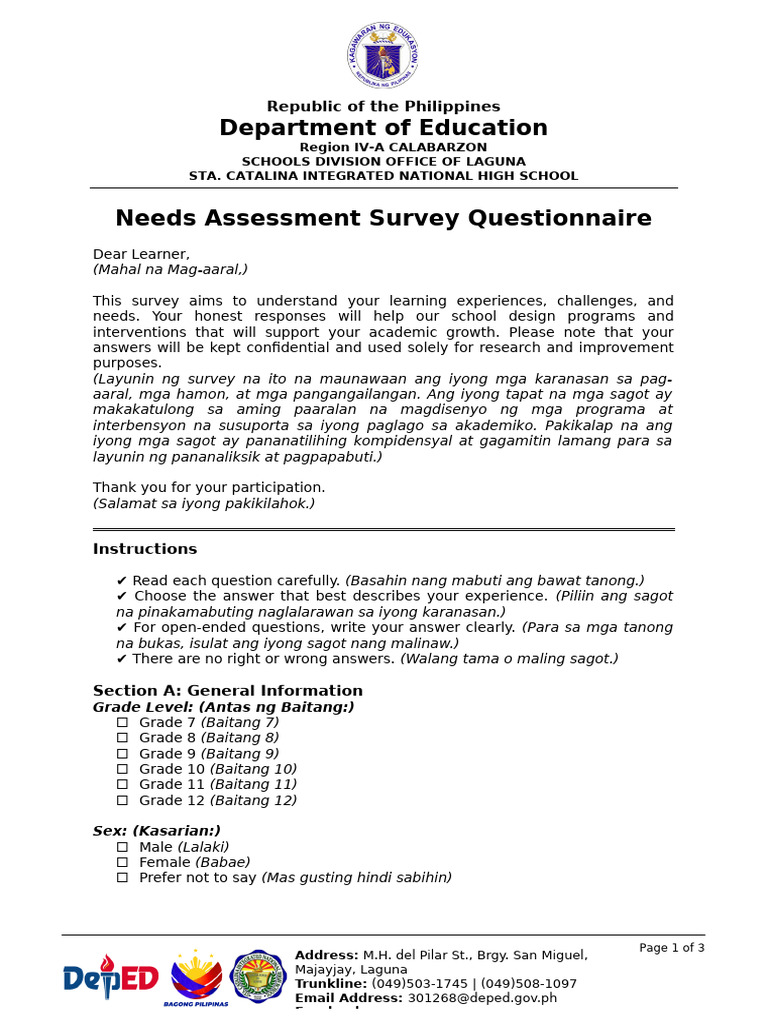 Needs Assessment Survey Questionnaire | PDF