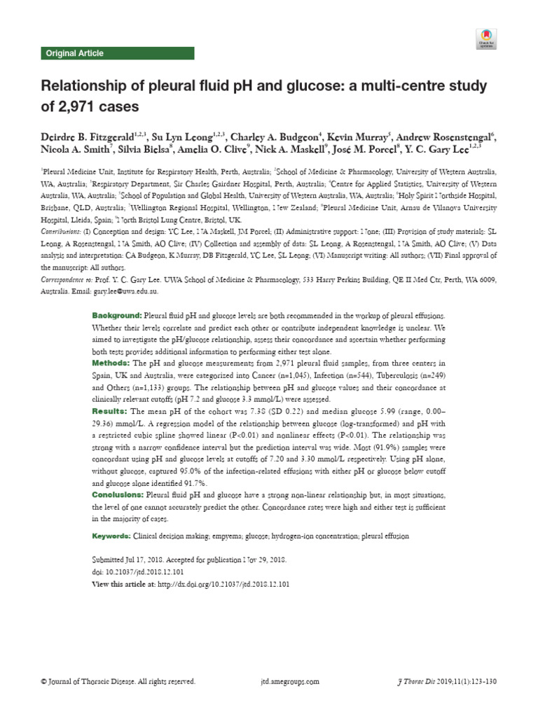 Relationship of Pleural Fluid PH and Glucose, J Thorac Dis 2019 | PDF ...