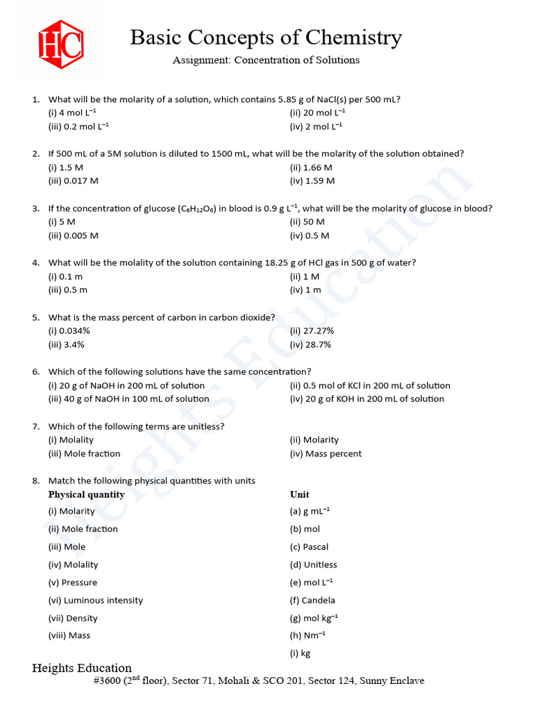 Chemistry Assignment: Solution Concentrations | PDF | Molar ...