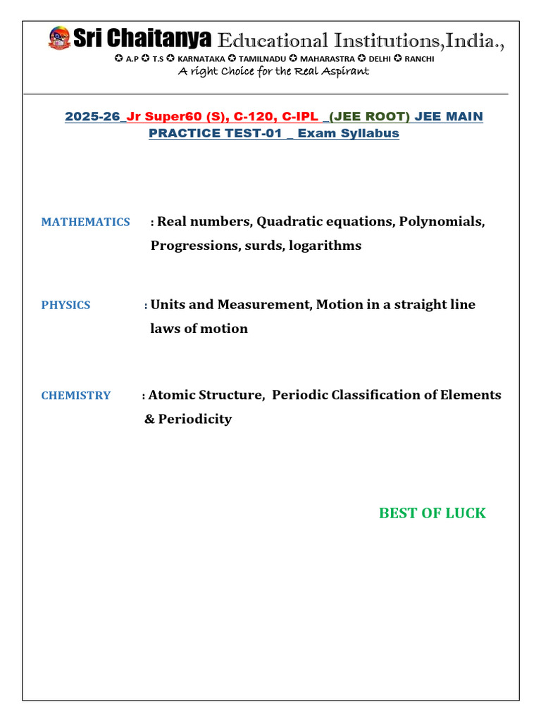 2025-26 - JR Super60 (S), C-120, C-IPL (JEE ROOT) - JEE MAIN PRACTICE ...