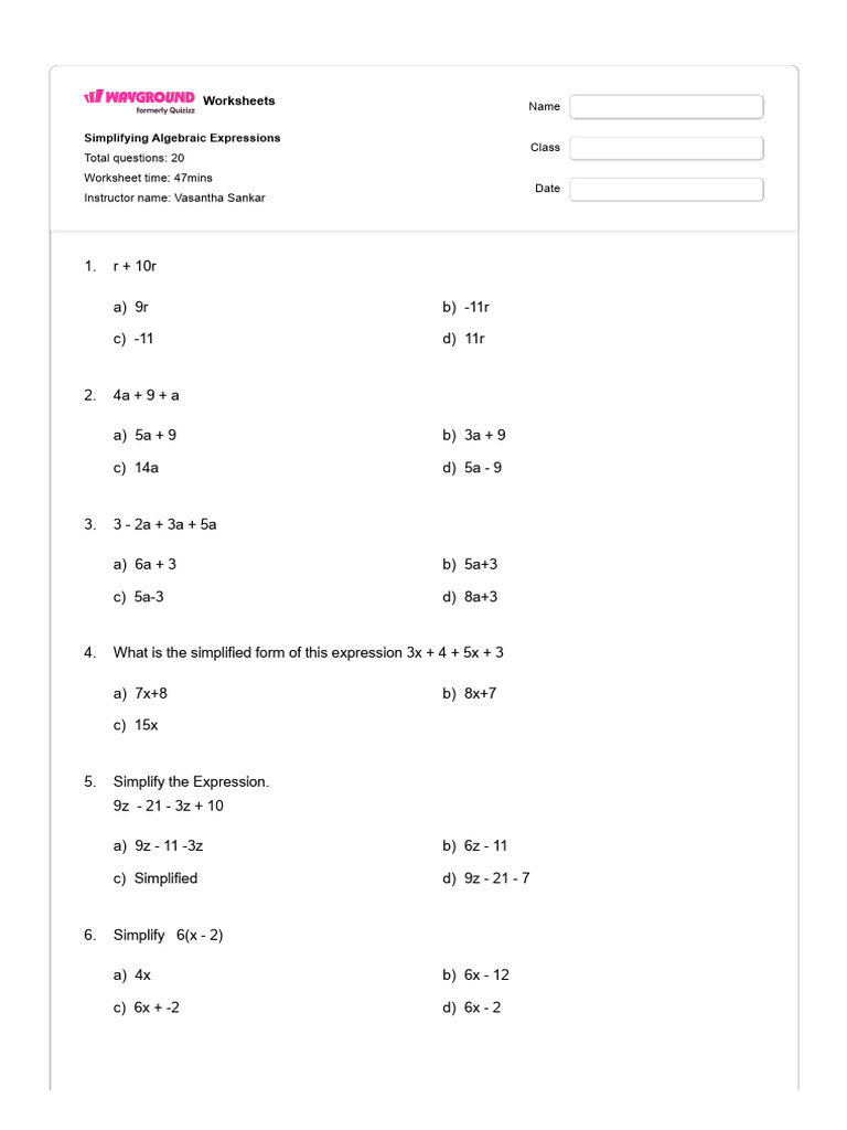 Simplifying Algebraic Expressions1 - Wayground | PDF | Chess Theory ...