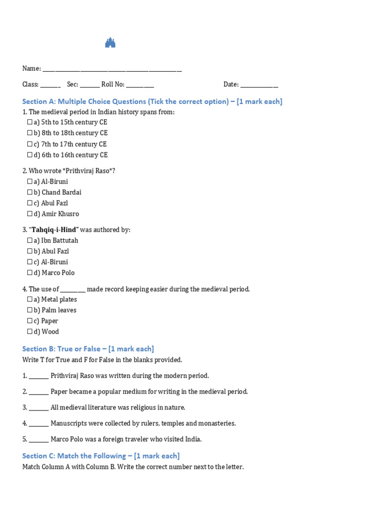 Medieval Period MCQs for Class 7 | PDF | Middle Ages