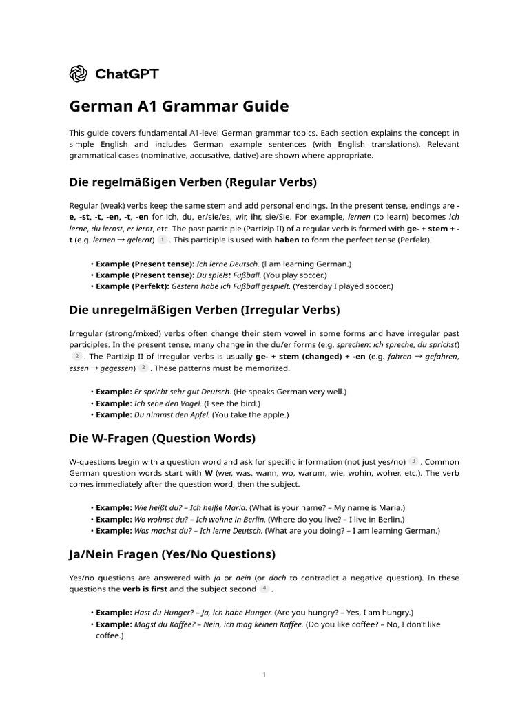 German A1 Grammar Guide | PDF