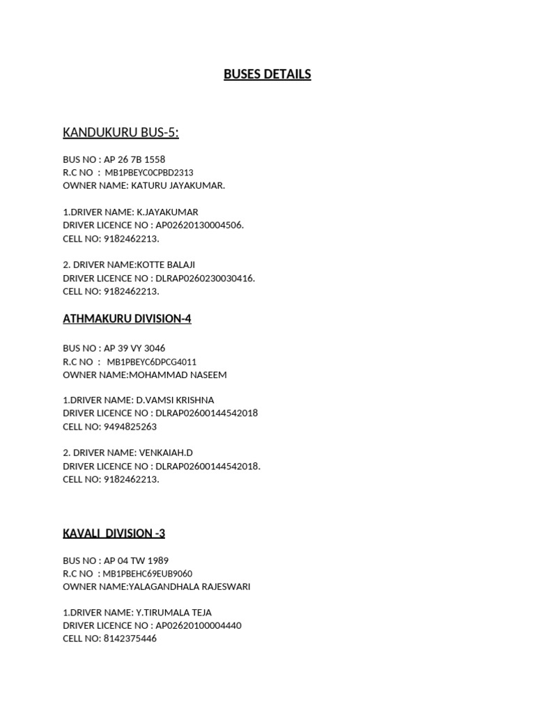 Bus Driver and Owner Details in Andhra | PDF