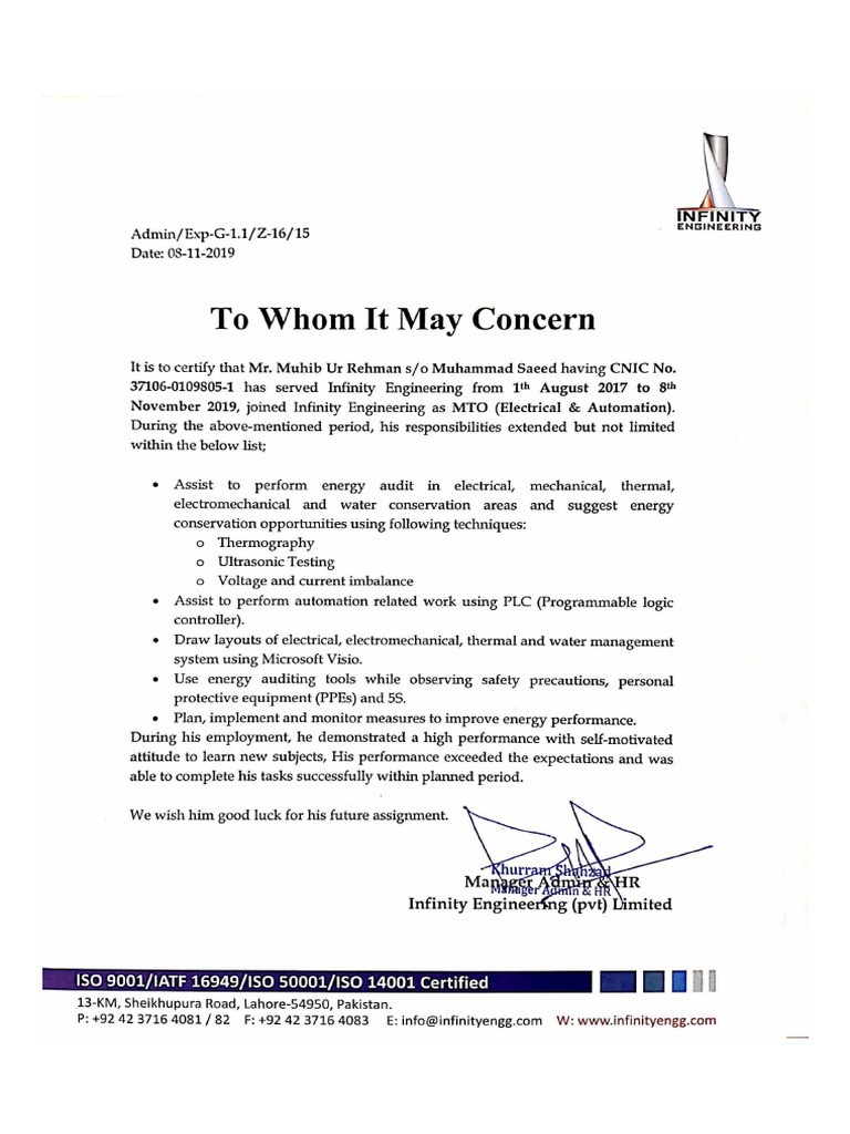 Infinity Engineering Experience Letter | PDF