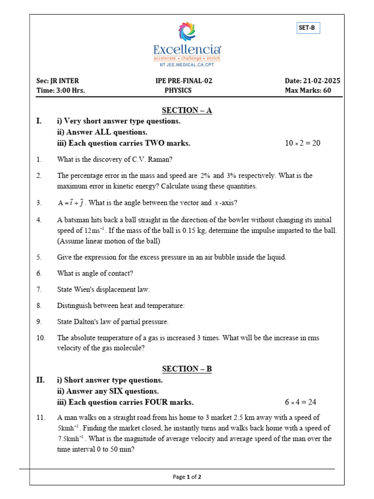 JR Physics Ipe Pre-Final-02 21-02-25 - Set-B | PDF | Torque | Velocity