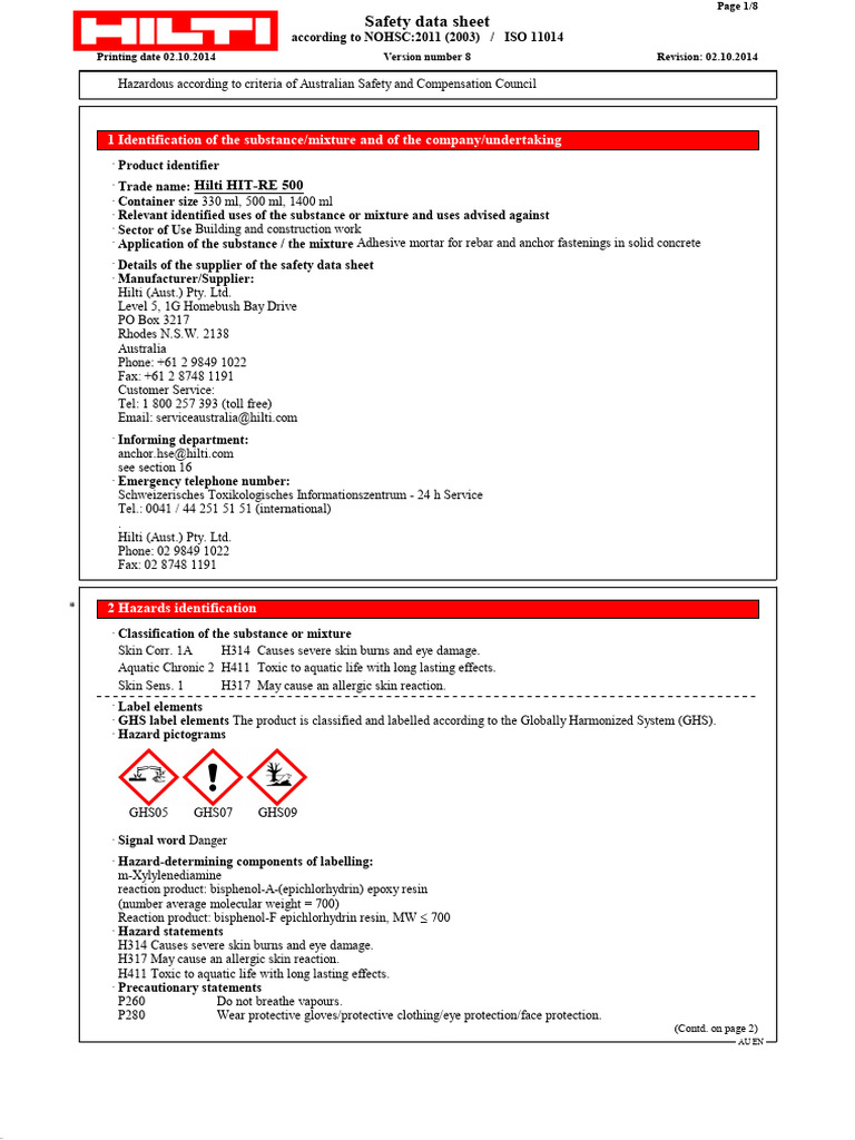 Hilti Hit Re 500 Msds 2014 | PDF