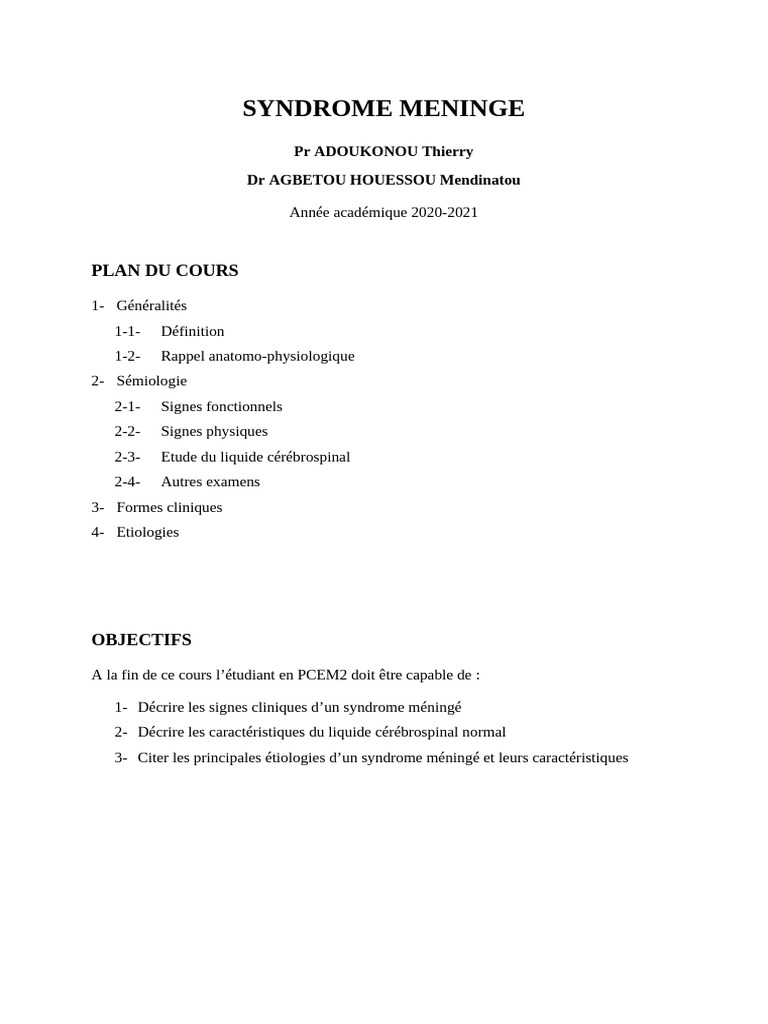 Signes et étiologies du syndrome méningé | PDF | Liquide cérébro-spinal ...