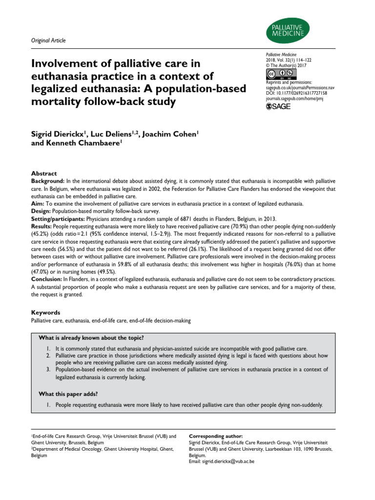 Involvement of Palliative Care in Euthanasia Practice in A Context of ...