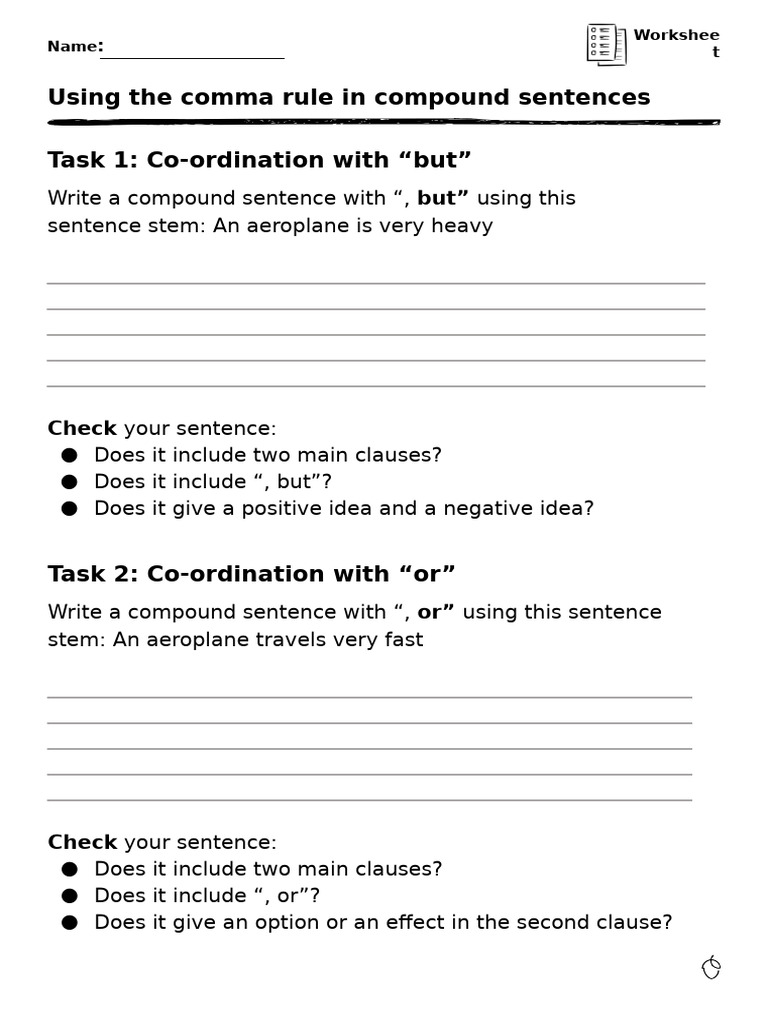Using The Comma Rule in Compound Sentences Worksheet Questions | PDF