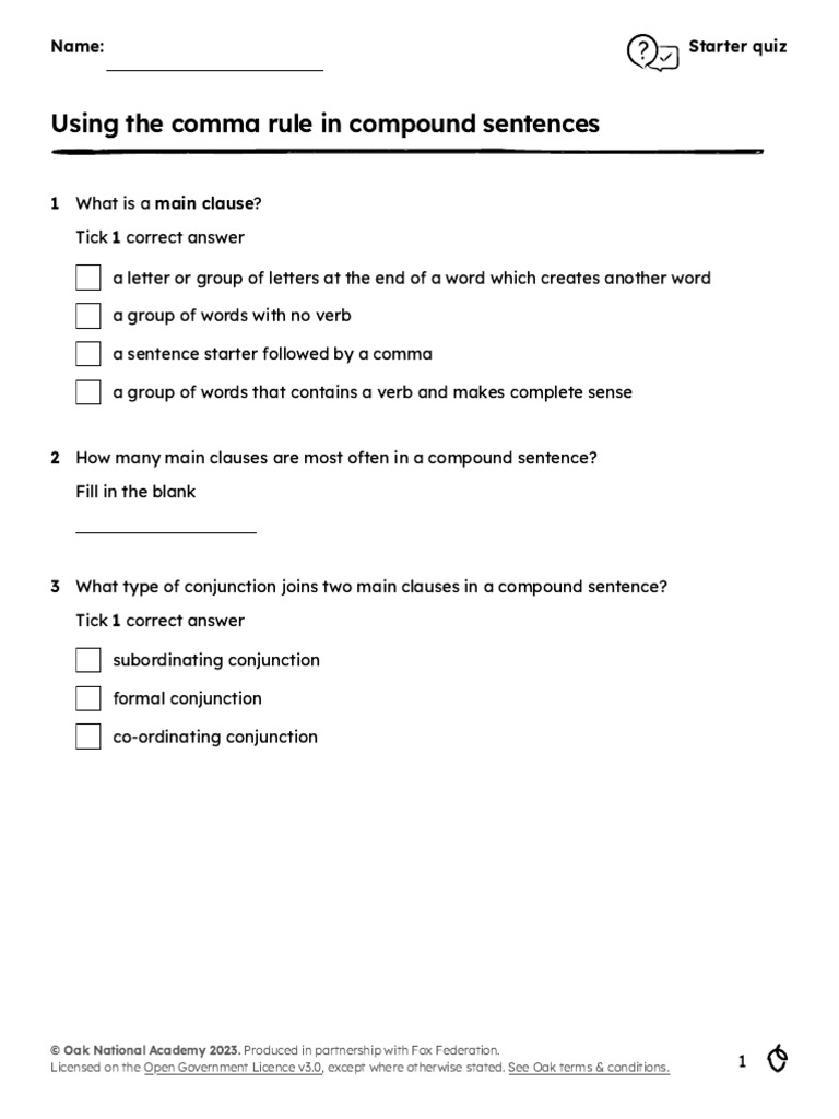 Using The Comma Rule in Compound Sentences Starter Quiz Questions | PDF