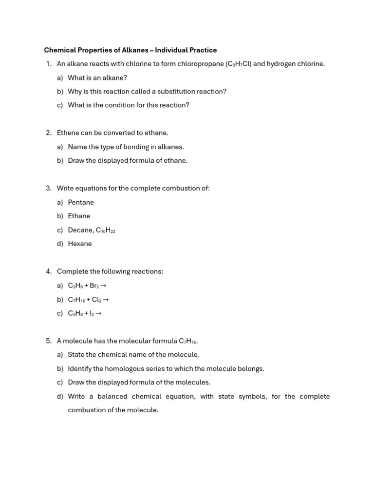 Chemical Properties of Alkanes | PDF