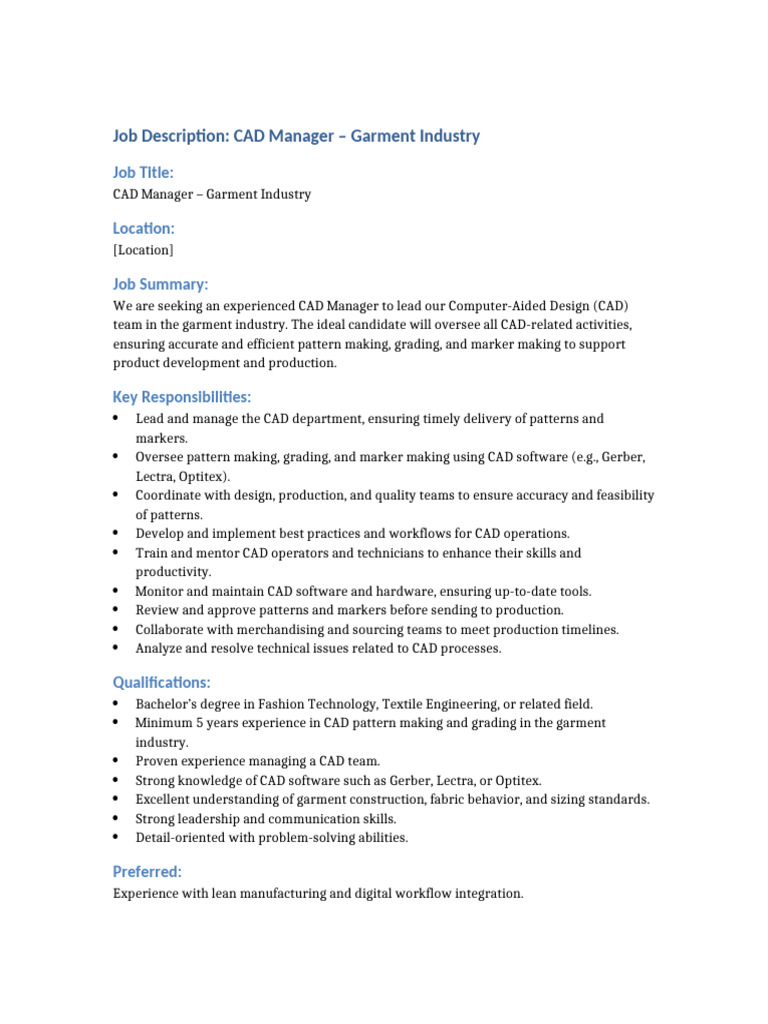 CAD Manager Role in Garment Industry | PDF