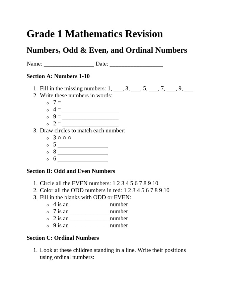 Grade 1 Mathematics Revision | PDF