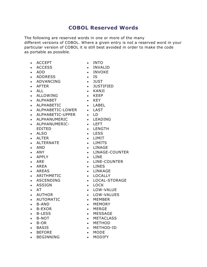 COBOL Reserved Words | PDF | Reserved Word | Software Development