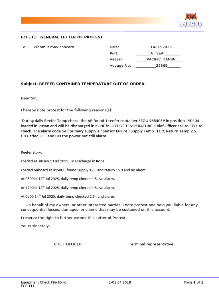 ECF-111 - General Letter of Protest - 14-07-2025 | PDF