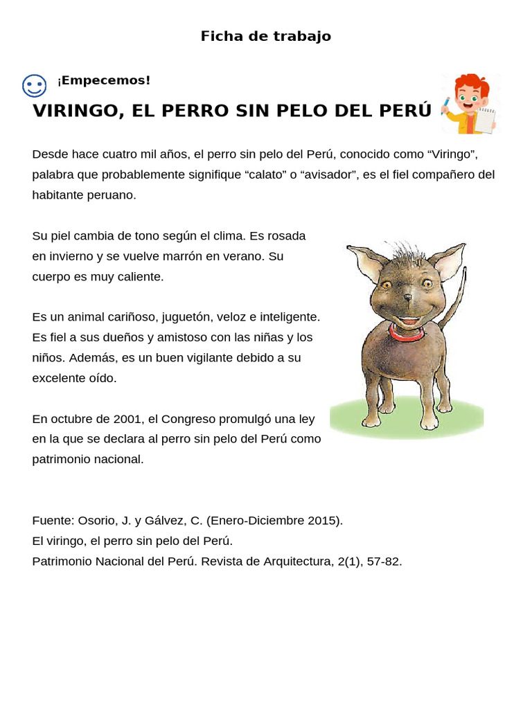 FICHA COM LEEMOS Viringo El Perro Sin Pelo Del Perú | PDF