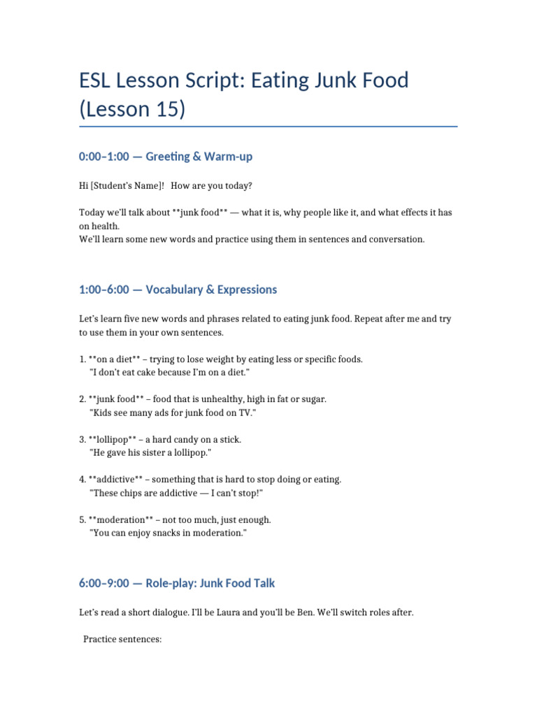 Role Play: Junk Food Discussion | PDF