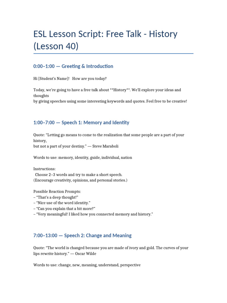 ESL History Free Talk Lesson | PDF | Learning | Cognitive Science