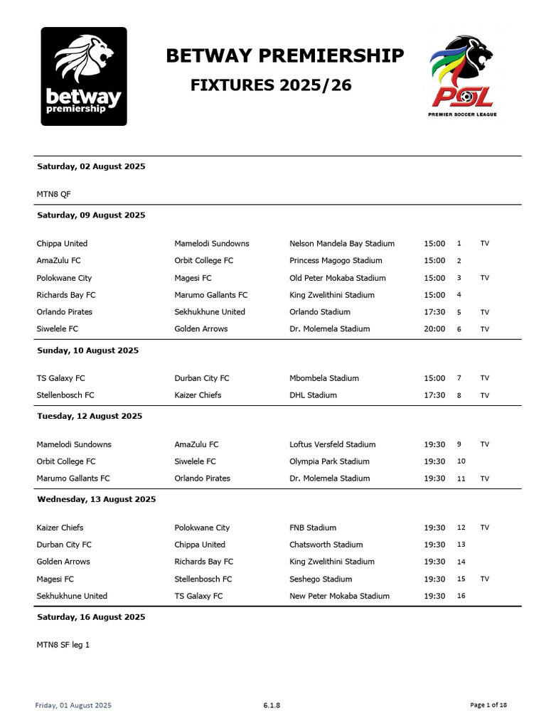 Betway Premiership Fixtures 2025-26 | PDF | Sports | Association Football
