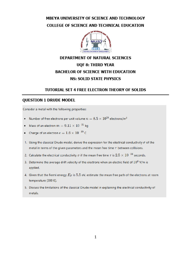 Tutorial Sheet Four Free Electron Theory of Solids | PDF