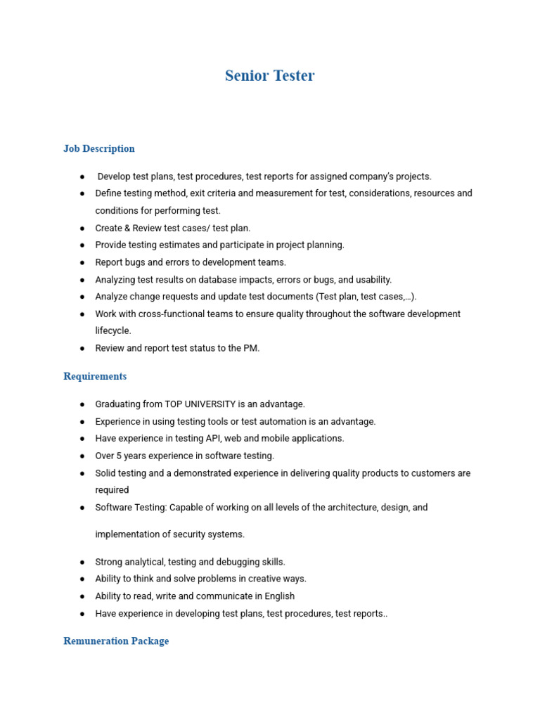 Senior Tester Job Overview and Benefits | PDF