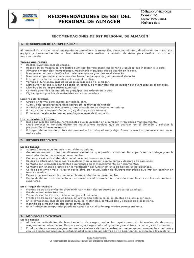 SEG-0025 Rev.00 Recomendaciones de SST Personal de Almacén | PDF