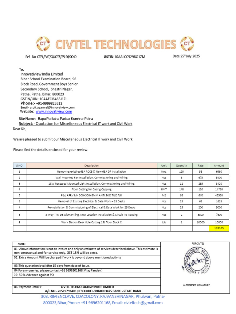 Quotation for Electrical & Civil Work | PDF