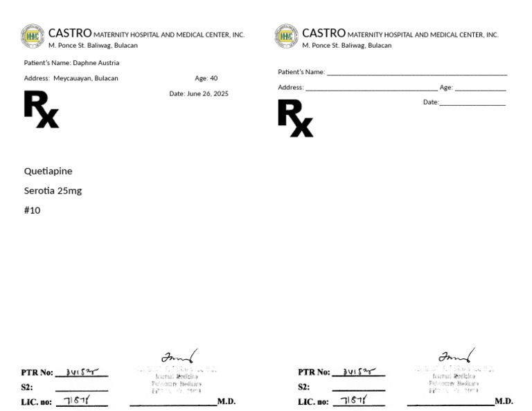 Castro Hospital Quetiapine Prescription | PDF