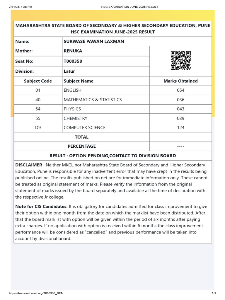 HSC Examination June-2025 Result | PDF