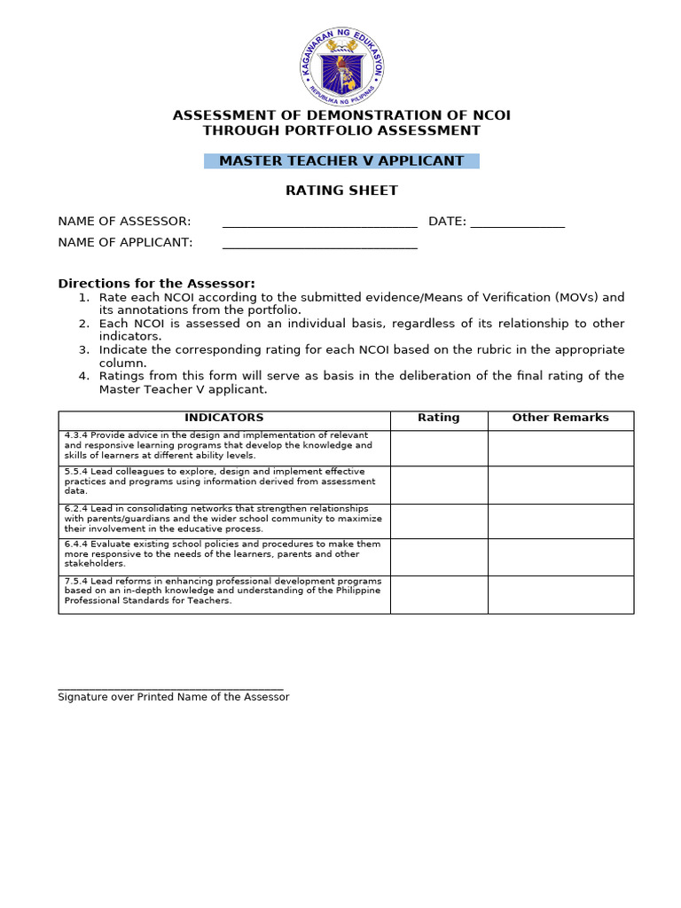 NCOI Rating Sheet Master Teacher V Applicant | PDF
