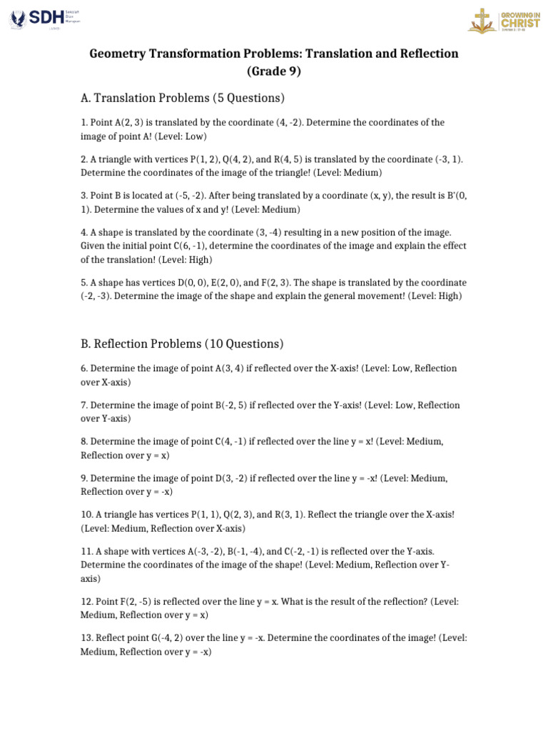 Exercise 1 - Unit 1 - Translation & Reflection - Grade 9 | PDF