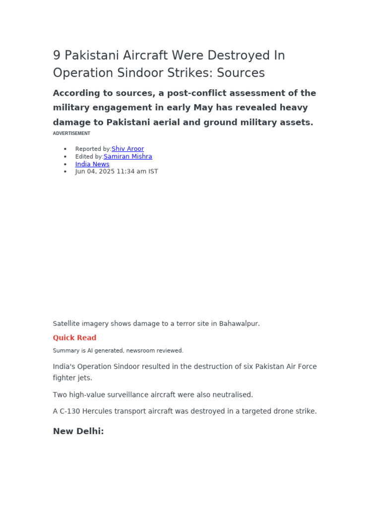 9 Pakistani Aircraft Were Destroyed in Operation Sindoor | PDF ...