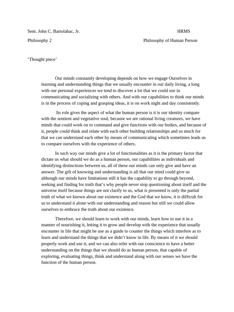 Thought Piece (Philo of Human Person) | PDF | Mind | Thought
