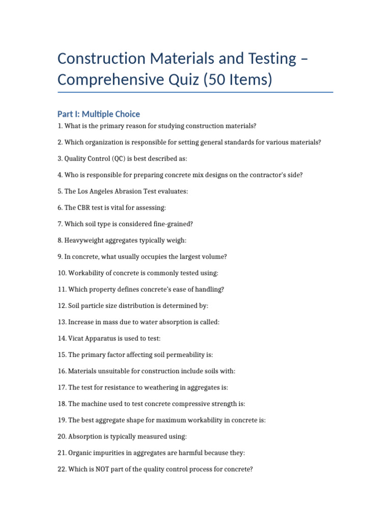 Construction Materials Testing Quiz | PDF | Concrete | Applied And ...
