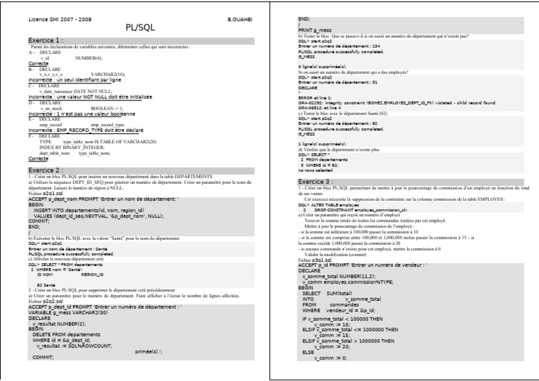 Erreurs PL/SQL et exercices pratiques | PDF | SQL | Données