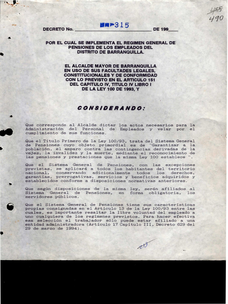 Decreto 315 - 1995, Regimen Pensional Distrital | PDF