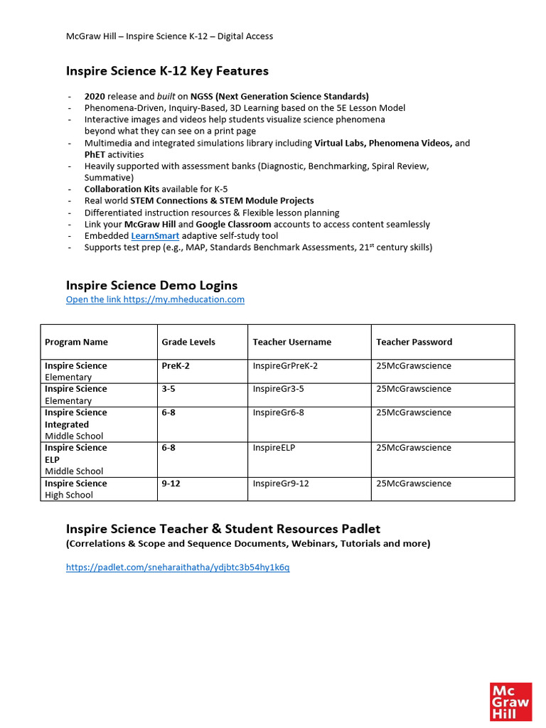 McGraw Hill - Inspire Science K-12 - Digital Access | PDF