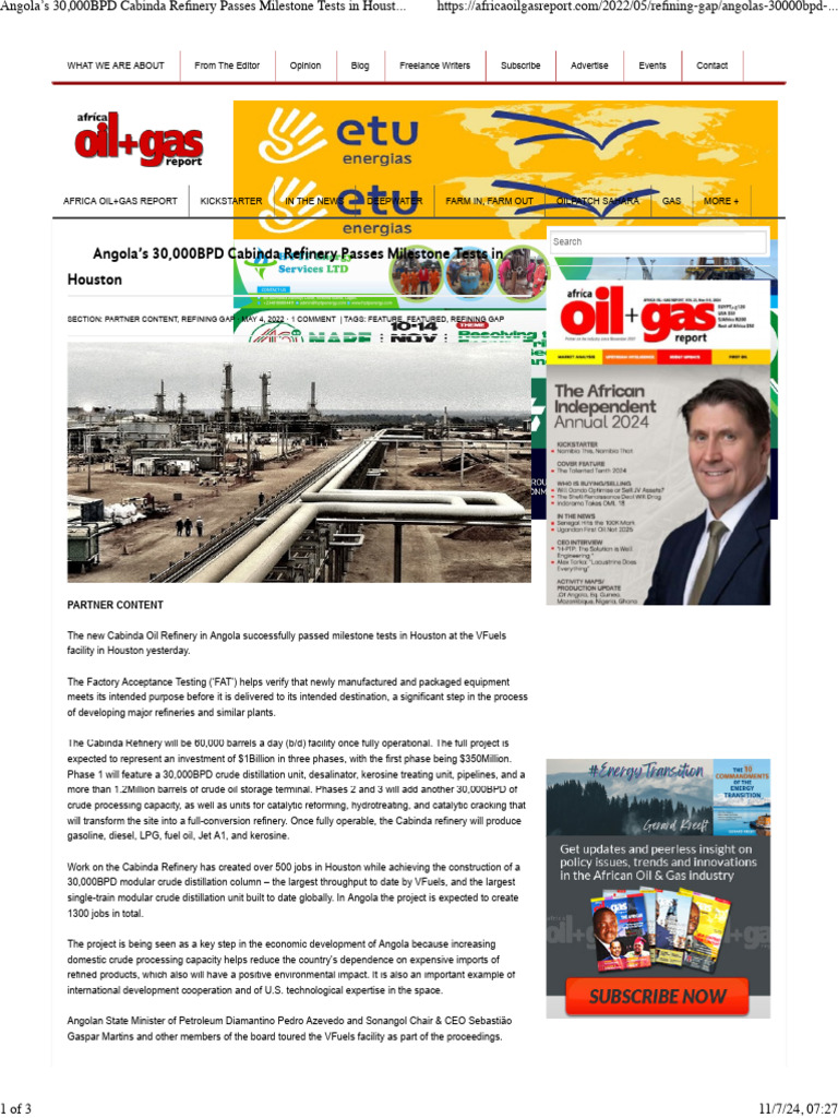 Angola's 30,000BPD Cabinda Refinery Passes Milestone Tests in Houston ...