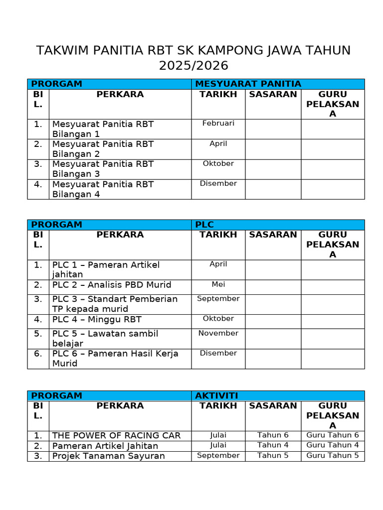 Takwim Panitia Rbt Sk Kampong Jawa Tahun 2025 | PDF