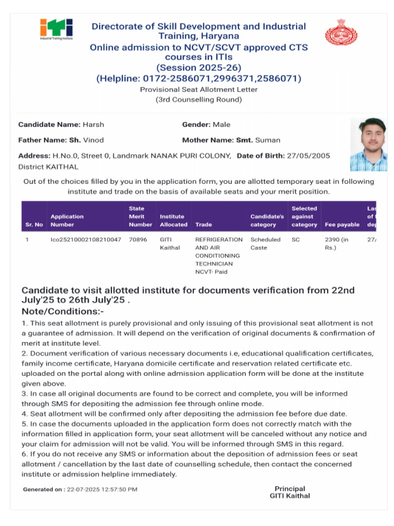 Provisional Seat Allotment Letter | PDF