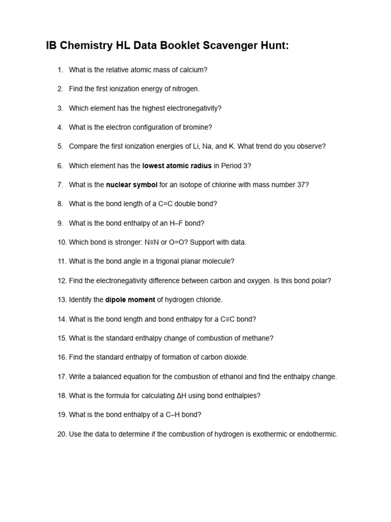 IB Chemistry Scavenger Hunt Answers | PDF | Chemical Bond | Chemical ...
