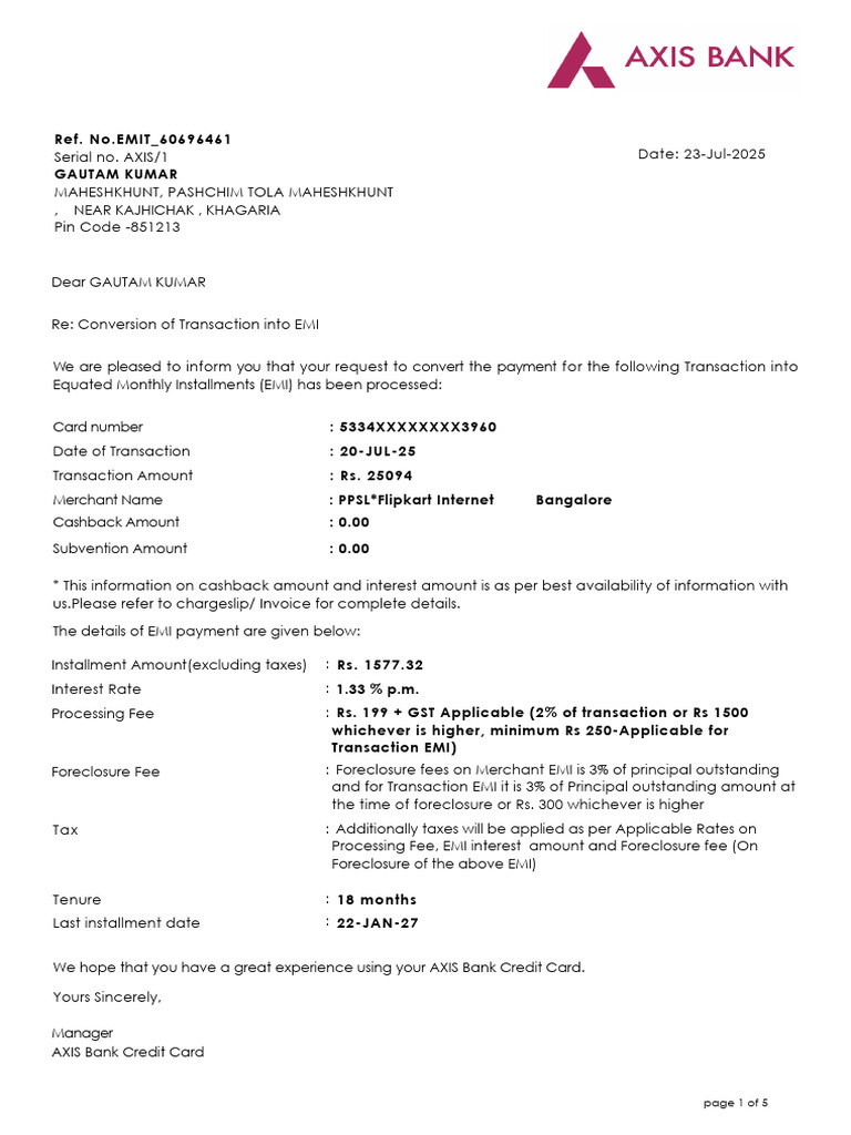 AXIS BANK EMI Letter With Monthly EMI Details | PDF | Credit Card | Debit Card