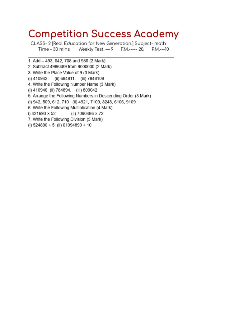 Math Weekly Test for Class 2 Students | PDF
